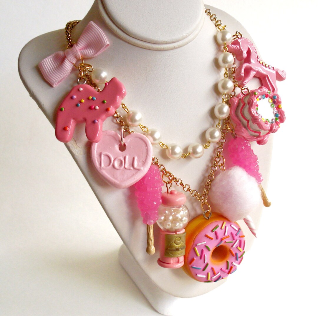 Cute Charm Jewelry, Pink Candy Necklace, Pink Charm Statement Necklace ...