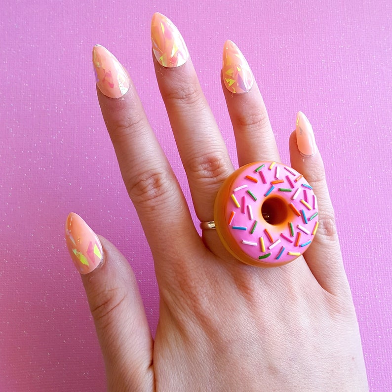 Donut Ring, Miniature Food, Large Pink Chocolate Doughnut Two Finger ...