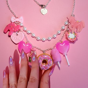 Pink Candy Necklace, Pink Charm Statement Necklace, Pink Donut Pendant ...