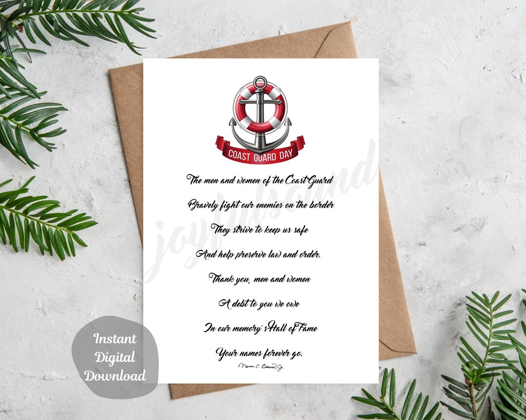 Armed Forces Printable Poem Card Coast Guard USA Thank Hero Encouraging ...
