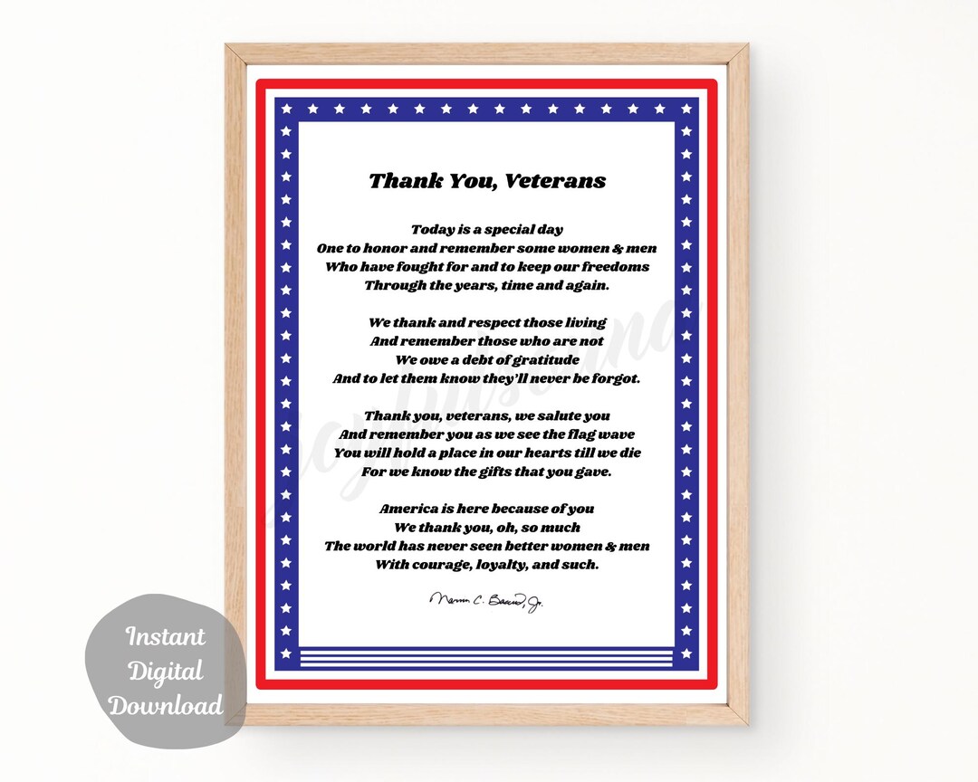 Veteran's Day Printable Poem Thanks Memorial Day Heros Encouraging USA ...