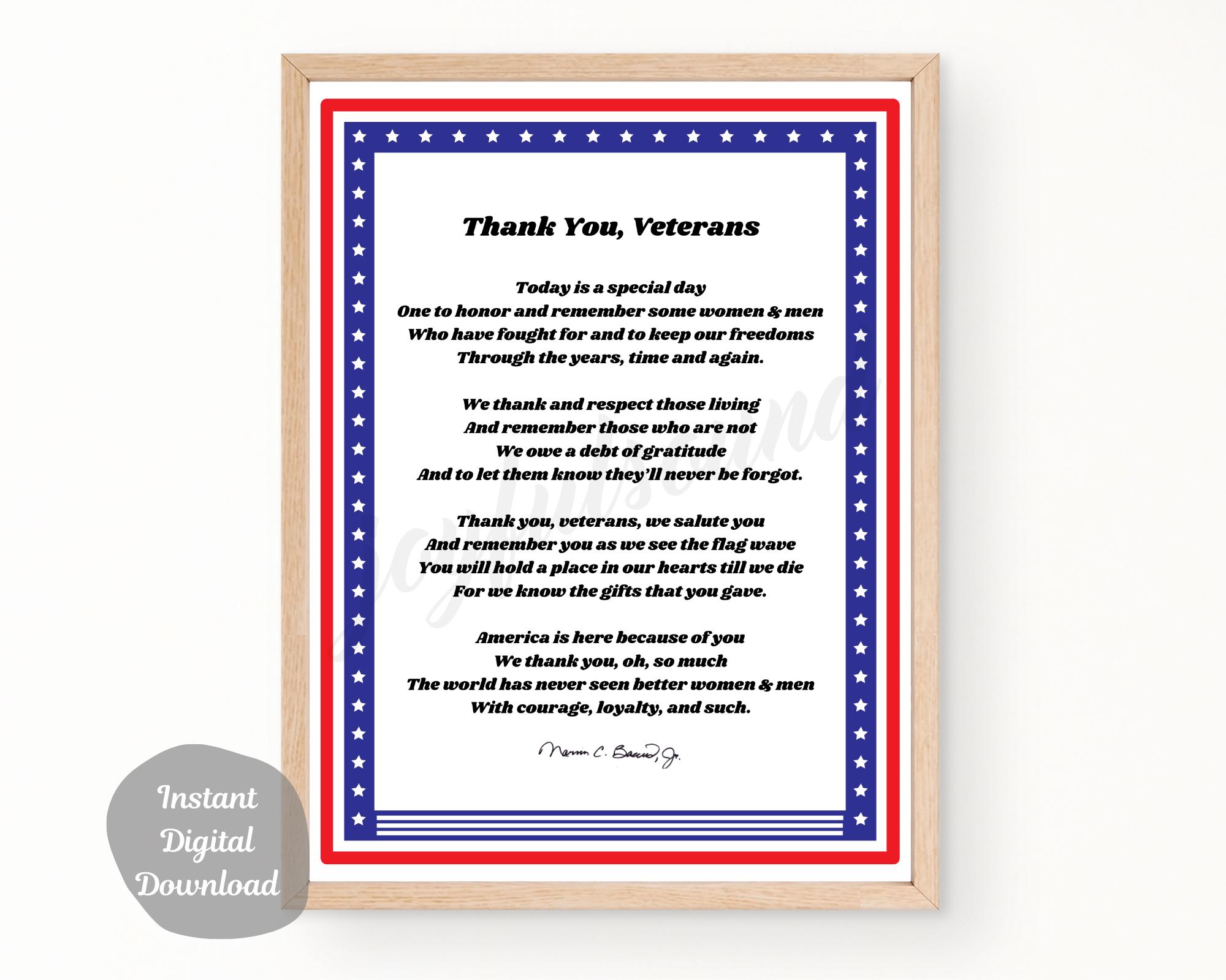 Veteran's Day Printable Poem Thanks Memorial Day Heros Encouraging USA ...