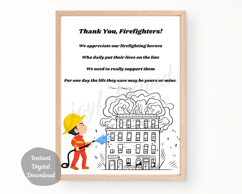 USA Printable Poem Thanks Firefighter Hero Encouraging DIGITAL DOWNLOAD ...