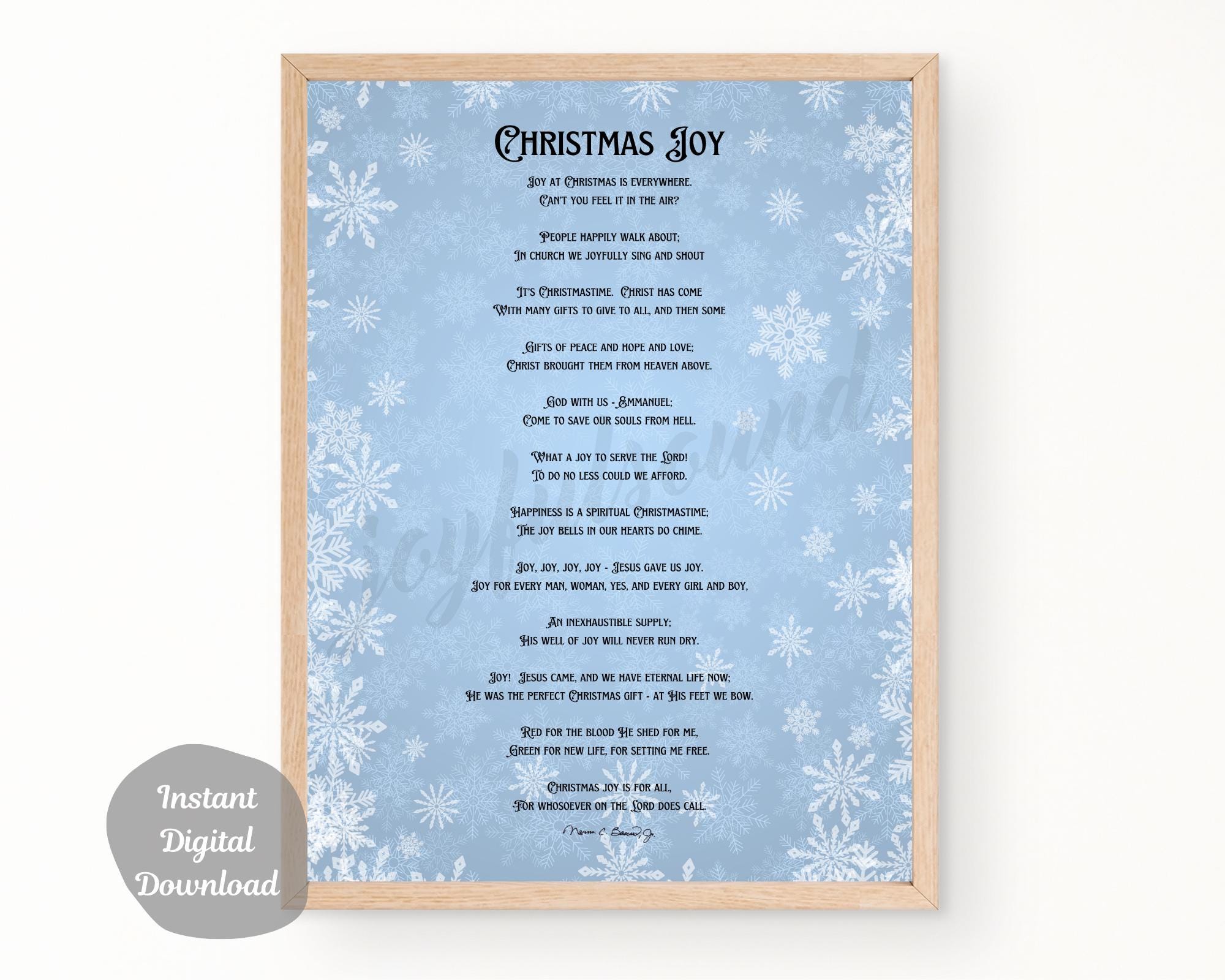 Joy Christmas Printable Poem Christian Snowflake Christ DIGITAL ...