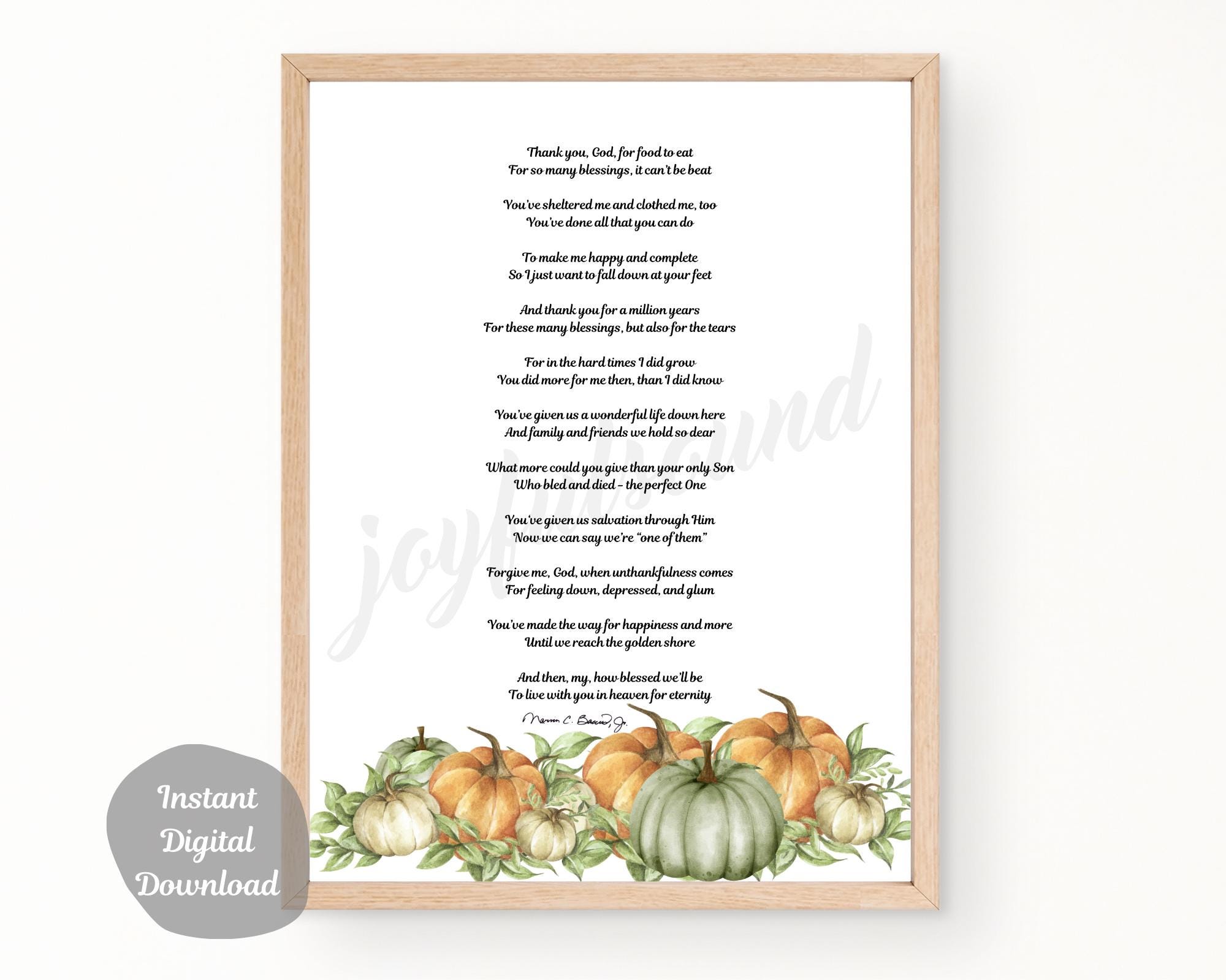 Thankful Printable Poem Thanksgiving Pumpkin Leaves Blessed Christian ...