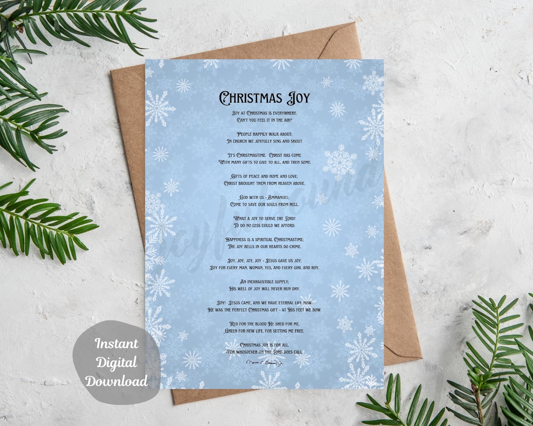 Christmas Joy Printable Card Snowflakes Christian Poem DIGITAL DOWNLOAD ...