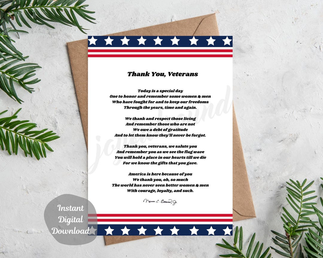Veterans Printable Poem Card USA Thanks Heros Encouraging Memorial Day ...