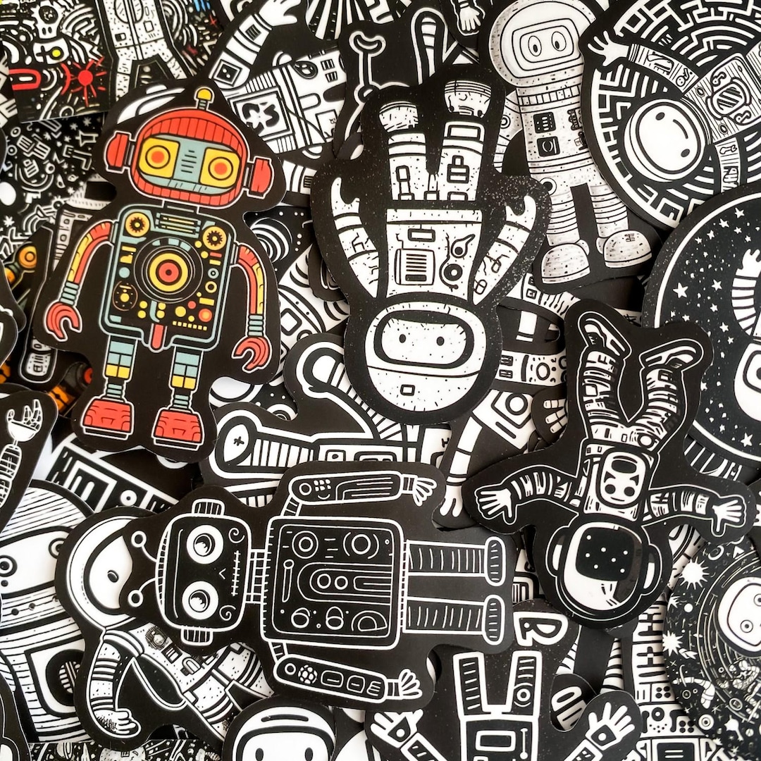100pcs Cosmic Robot Stickers, Futuristic Decals, Black and White Robot ...