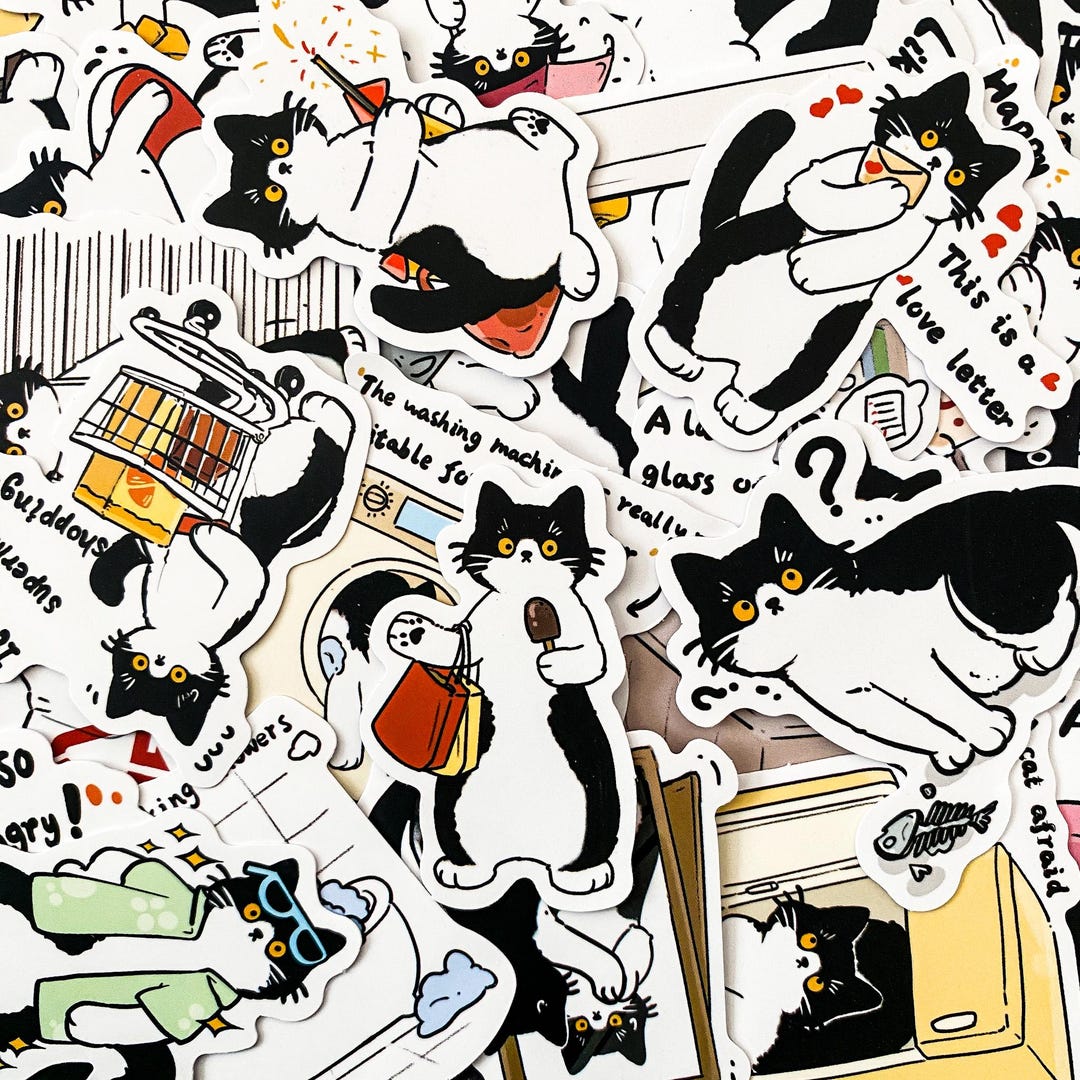 50pcs Funny Cat Stickers, Adorable Black and White Cat Stickers ...
