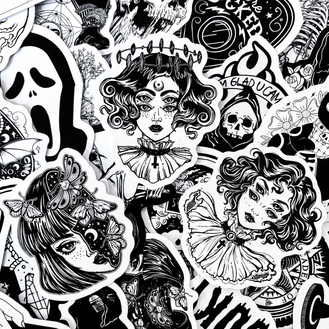 50pcs Gothic Stickers Pack, Black and White Goth Aesthetic Witchy ...