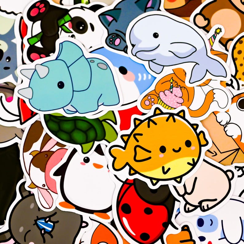 50 Random Cute Animal Vinyl Stickers Pack, Waterproof Animal Stickers ...
