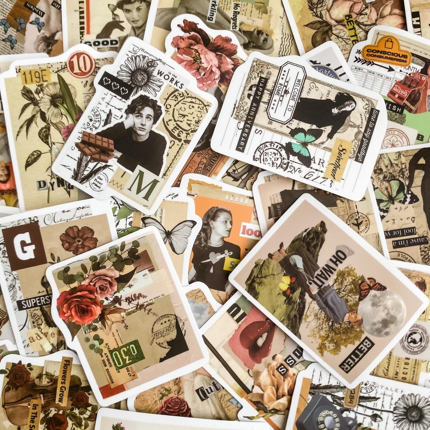 50pcs Retro Stickers, Artistic Vintage Vinyl, Journaling Stickers, Boho ...