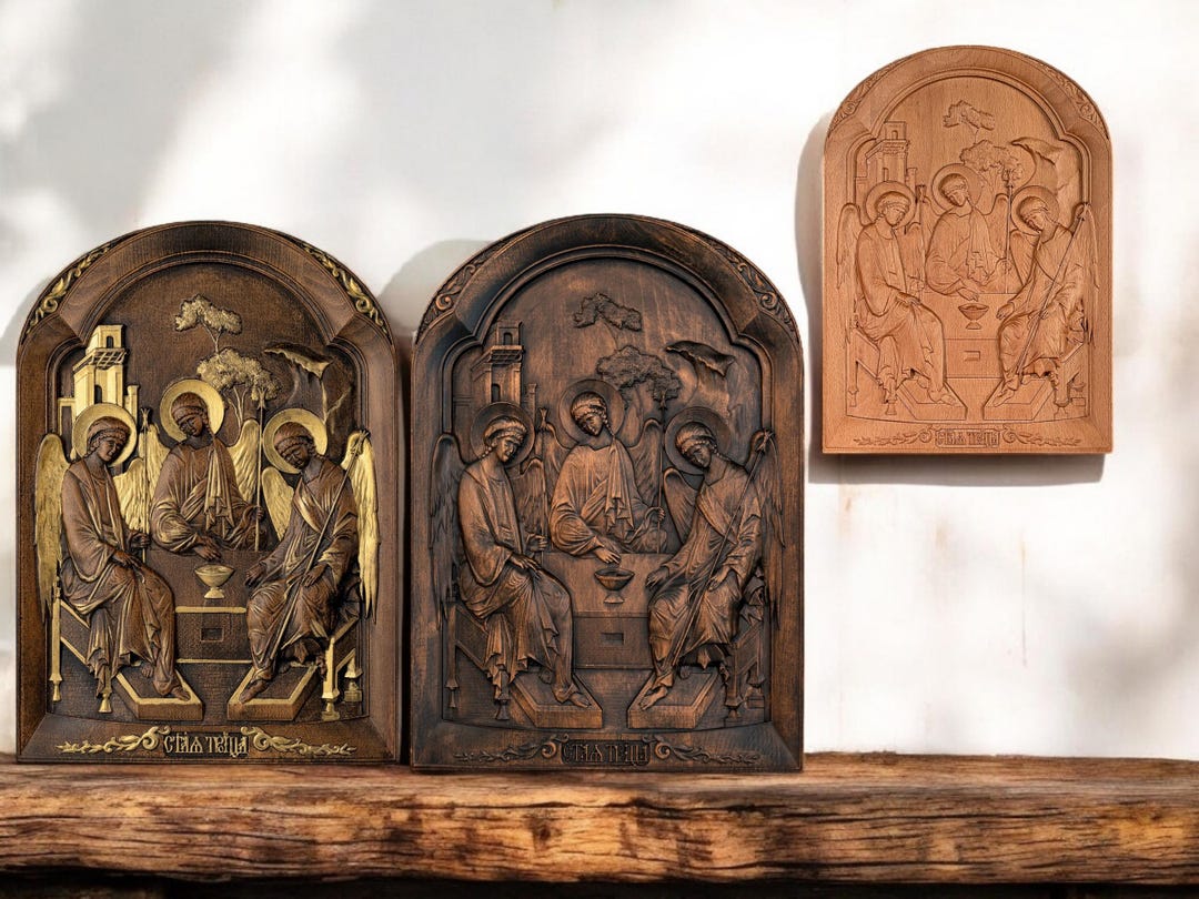 Hand-carved Holy Trinity Wood Icon - Sacred Family & Spirit Wall Decor ...