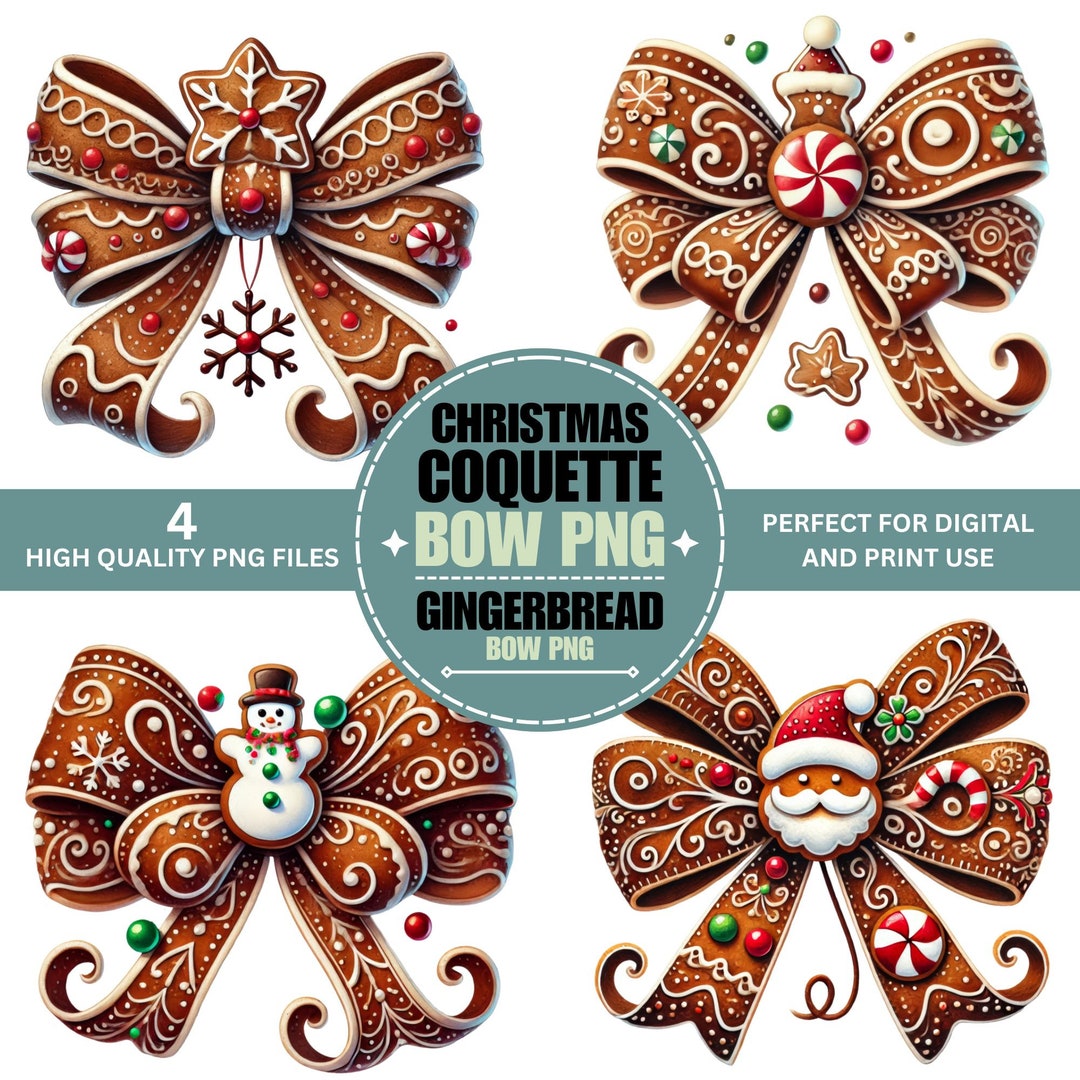 Christmas Gingerbread Bow PNG Set, 4 High Quality Coquette Holiday ...