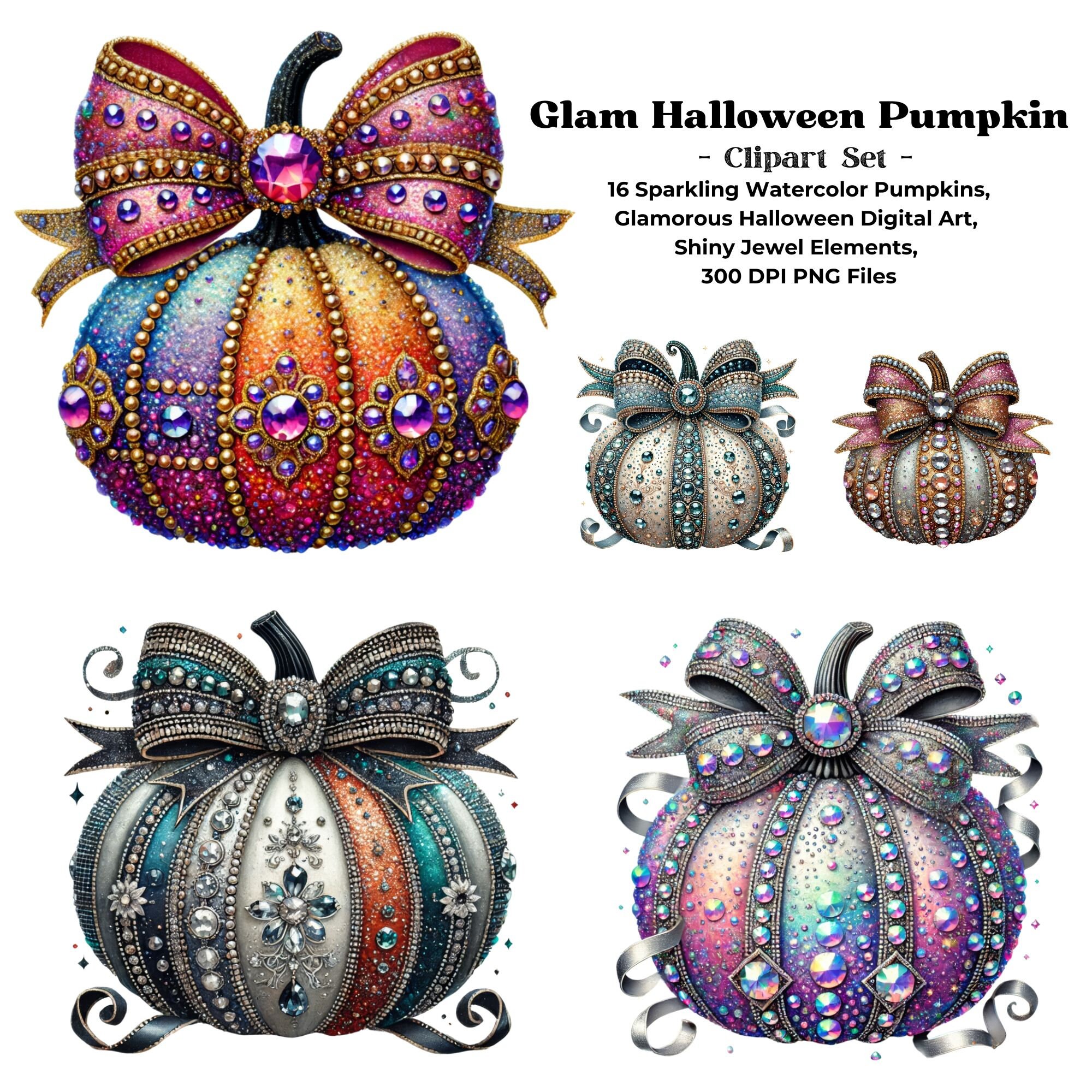 Glam Halloween Pumpkin Clipart Set, 16 Sparkling Watercolor Pumpkins ...