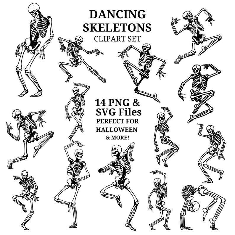 14 Dancing Skeletons Clipart Set, Spooky Halloween Skeletons PNG & SVG ...