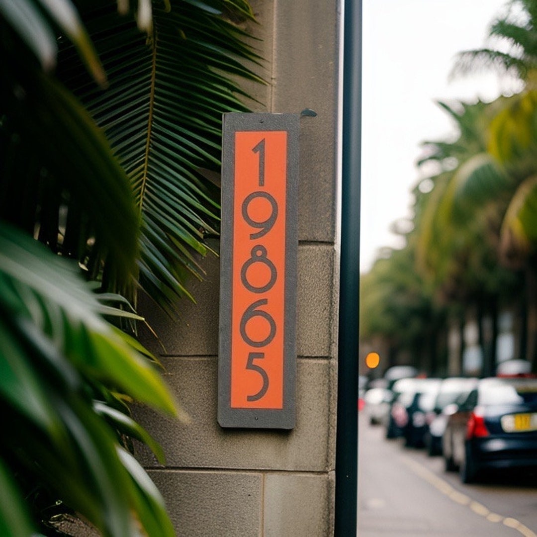Modern Mid Century House Numbers Slate With Orange Vertical Address ...