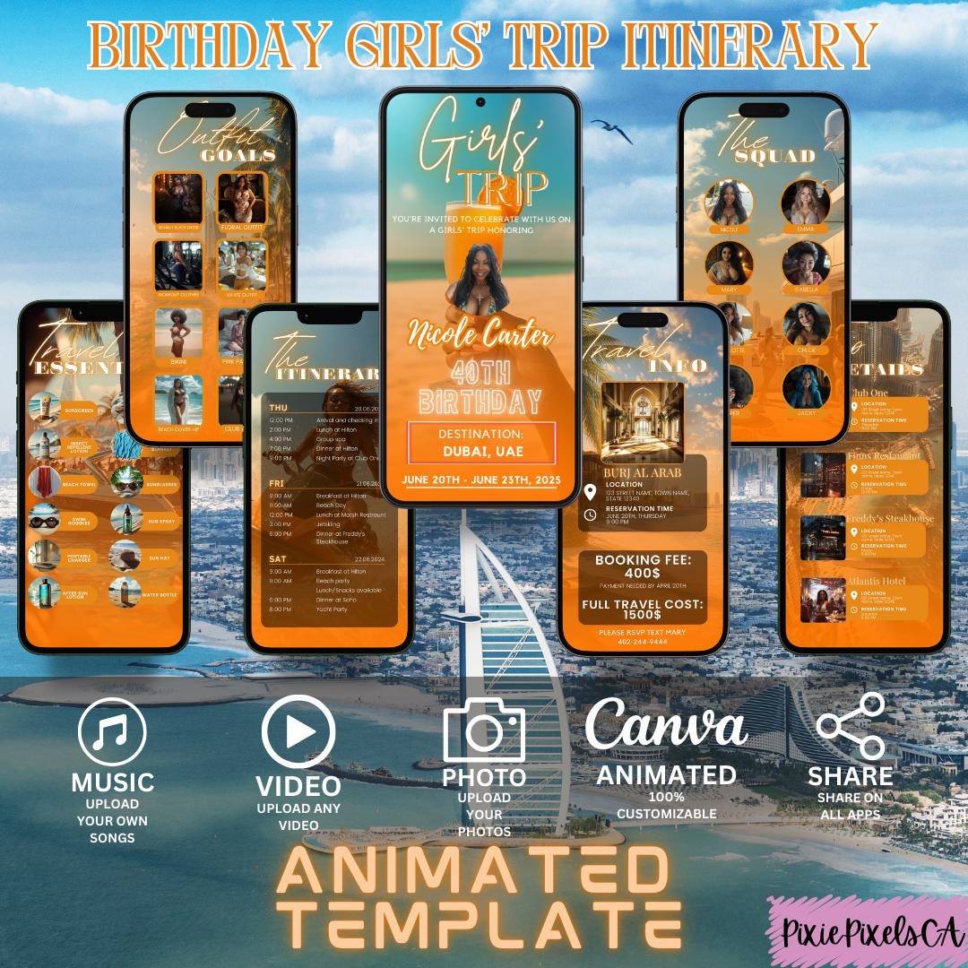 Girls Trip Animated Itinerary: Birthday Weekend Canva Template (digital ...