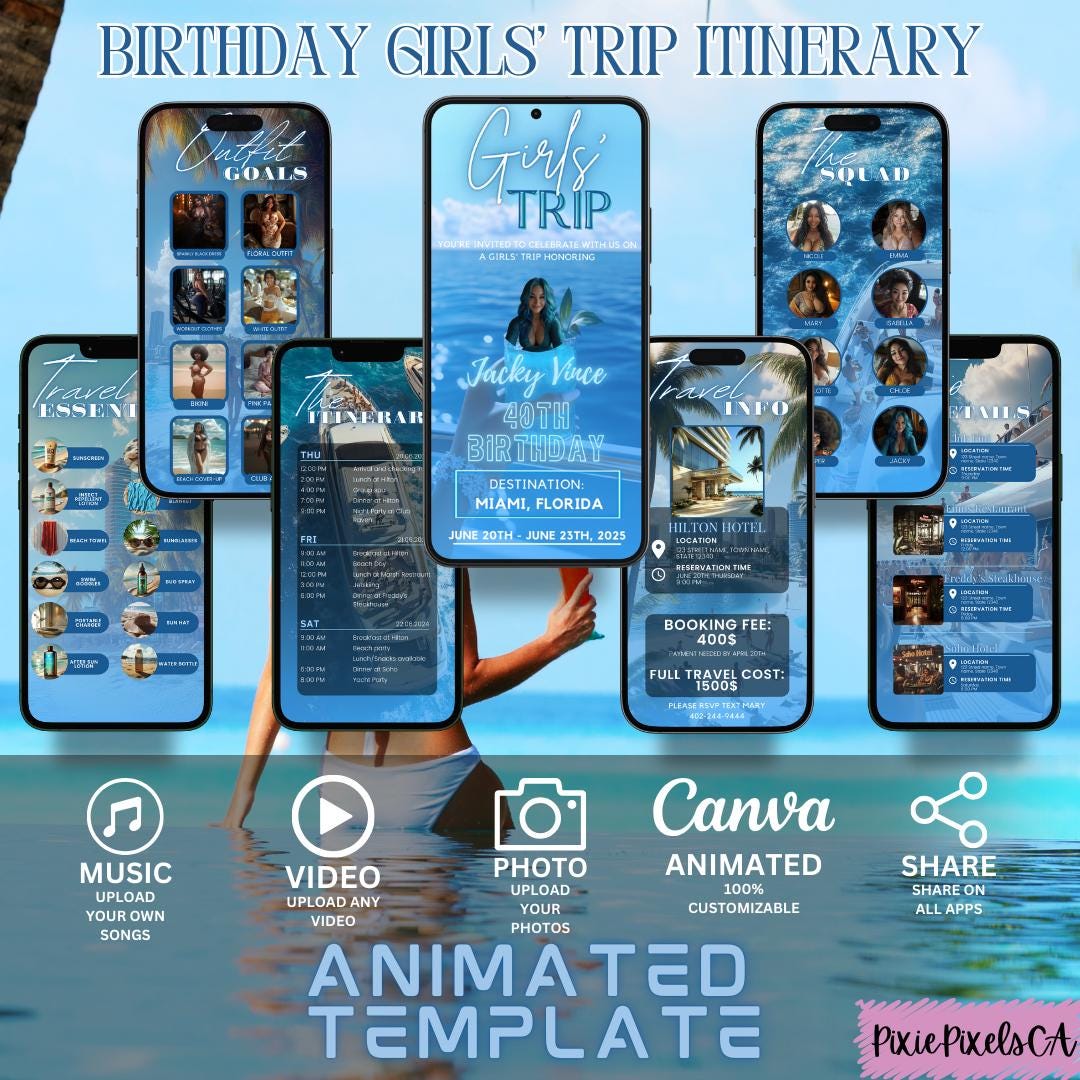Girls Trip Animated Itinerary: Birthday Weekend Canva Template (digital ...