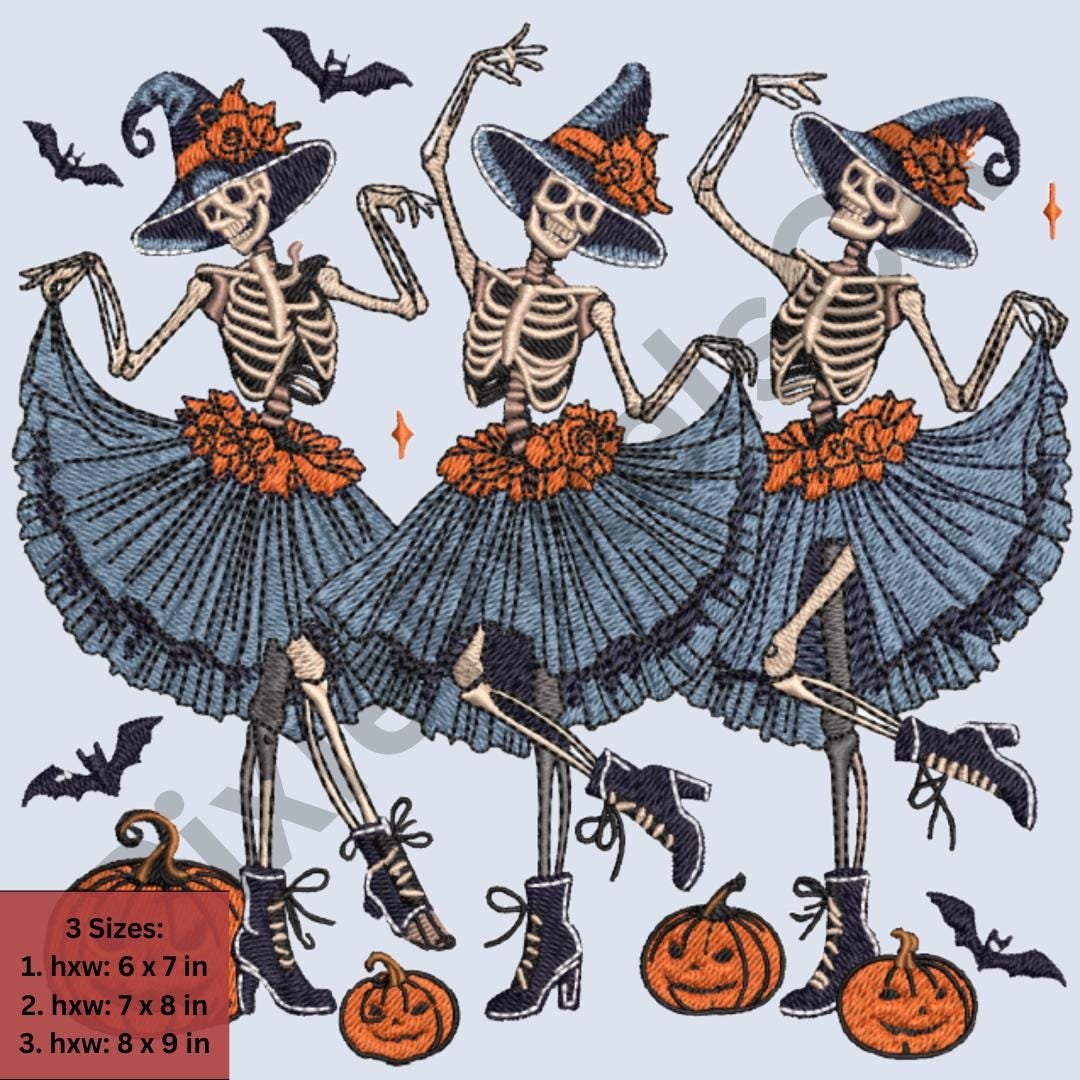 Dancing Witches Skeletons Embroidery Design, Halloween Witch Skeleton ...