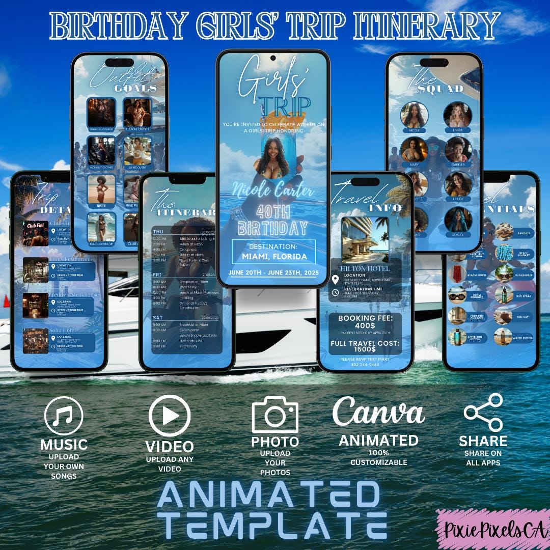 Girls Trip Animated Itinerary: Birthday Weekend Canva Template (digital ...