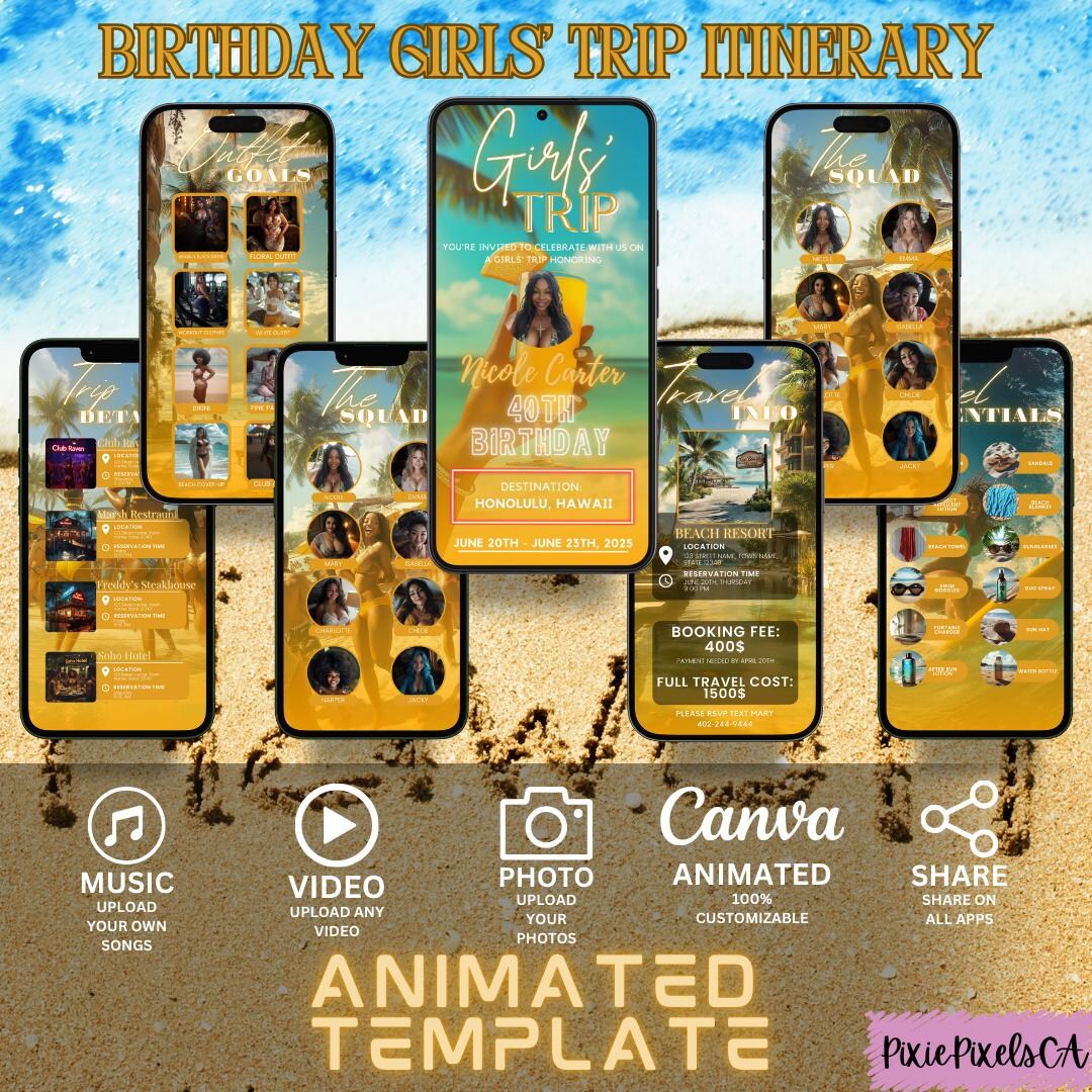 Girls Trip Animated Itinerary: Birthday Weekend Canva Template (digital ...