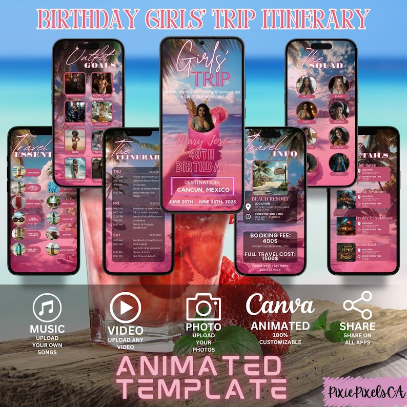 Girls Trip Animated Itinerary: Birthday Weekend Canva Template (digital ...