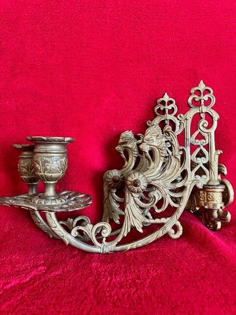 Antique Brass Double Wall Sconce, Medieval Griffin Motif, Original ...