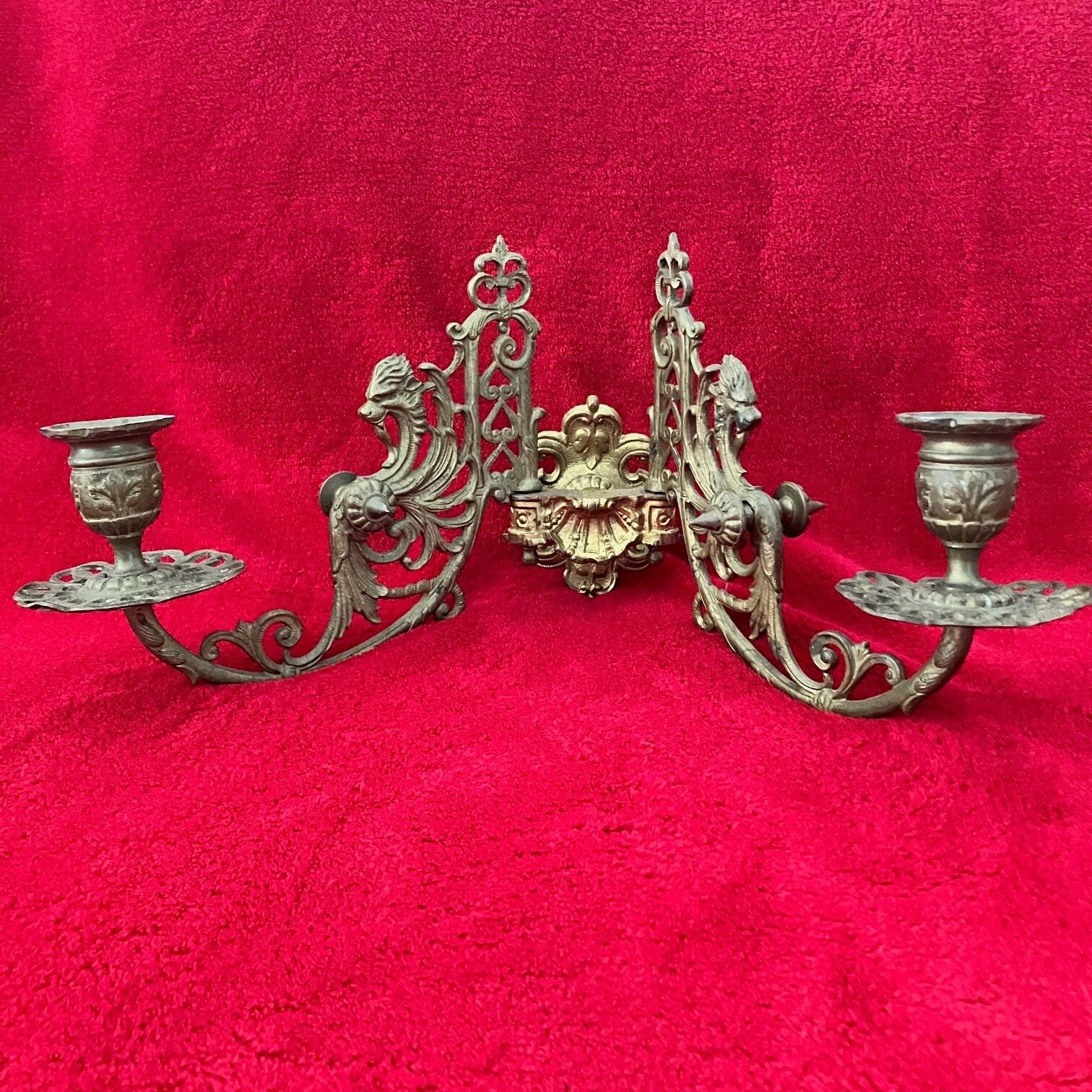 Antique Brass Double Wall Sconce, Medieval Griffin Motif, Original ...