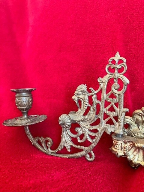 Antique Brass Double Wall Sconce, Medieval Griffin Motif, Original ...