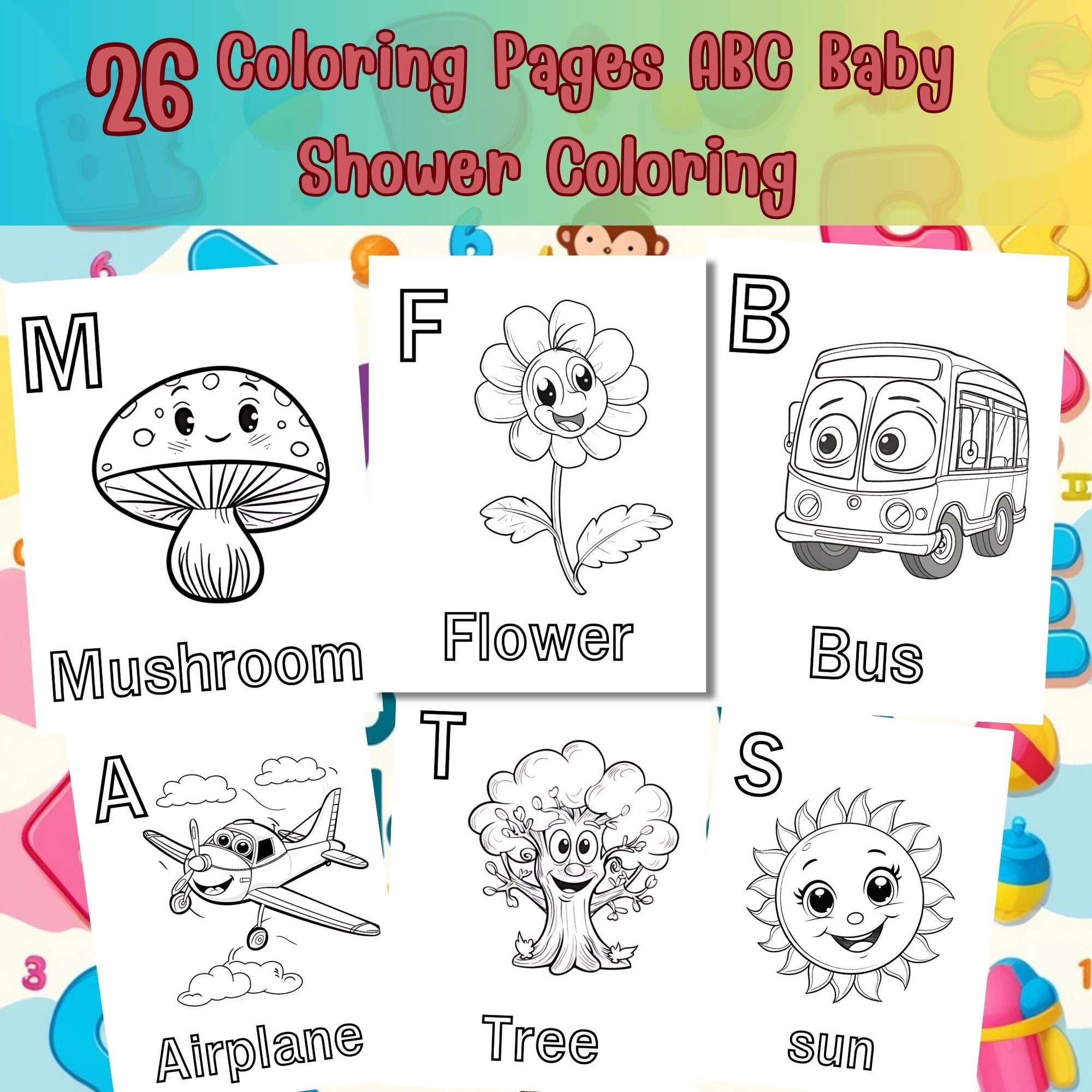 26 Pages ABC Baby Shower Coloring Book, Baby's First ABC Book,adorable ...