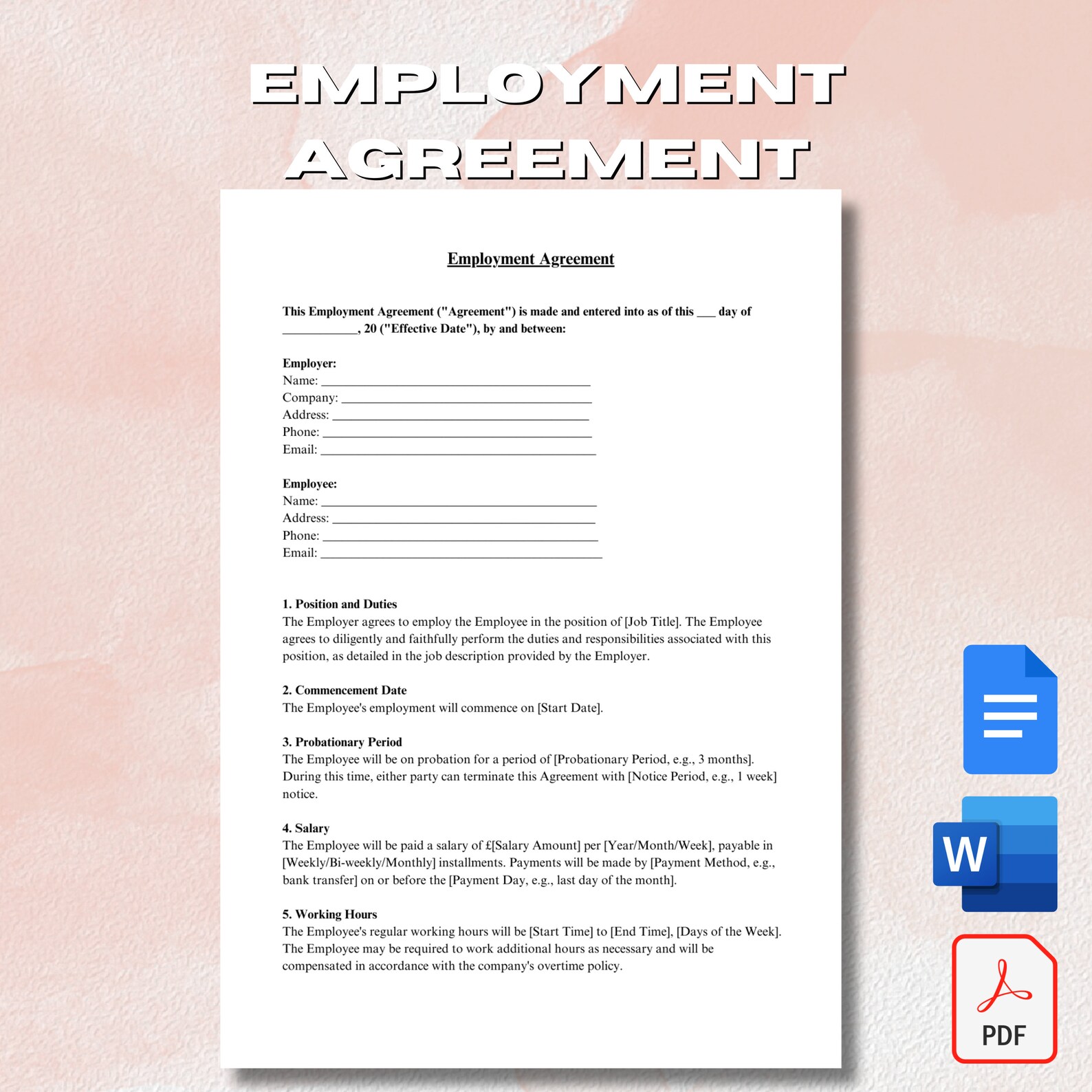 Employment Agreement - Mircrosoft Word / Google Docs Editable and Printable PDF File - Etsy