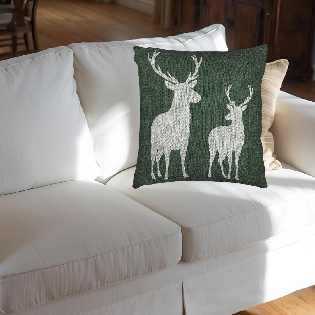 Woven Deer Pillow, Rustic Cabin Decor, Forest Lodge Accent, Dark Green ...