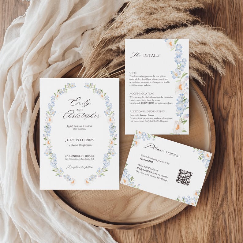 Light Blue Floral Wedding Invitation Suite, Pastel Wildflower Invite ...