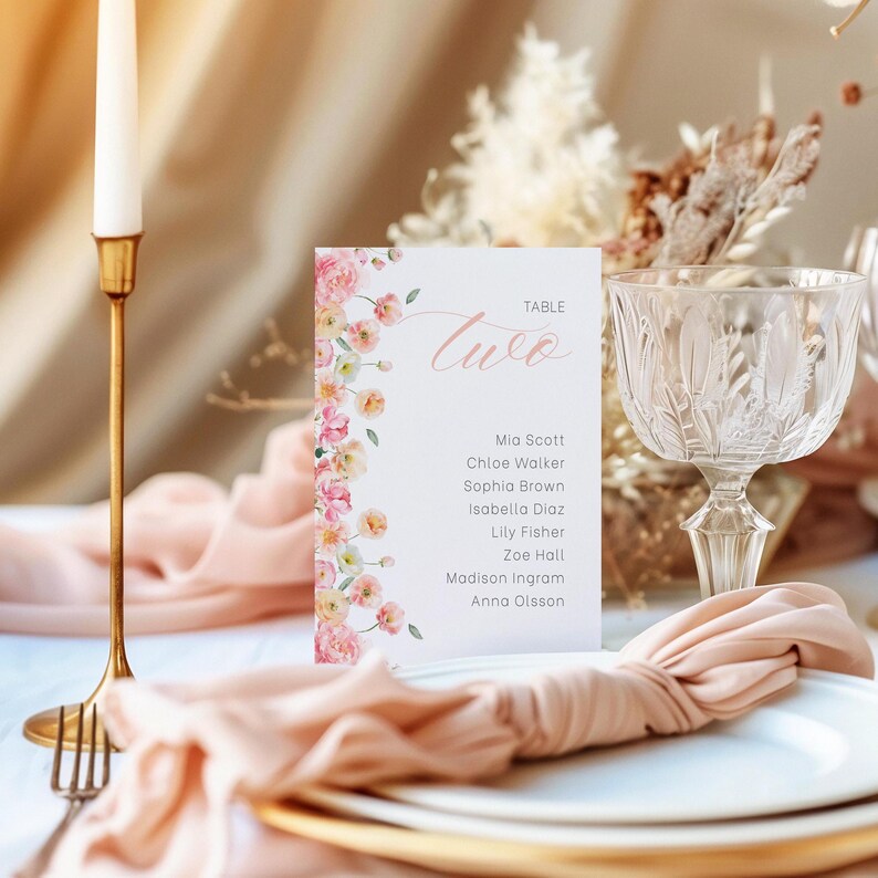 Wildflower Table Numbers & Seating Chart Cards, Pastel Floral Signs ...
