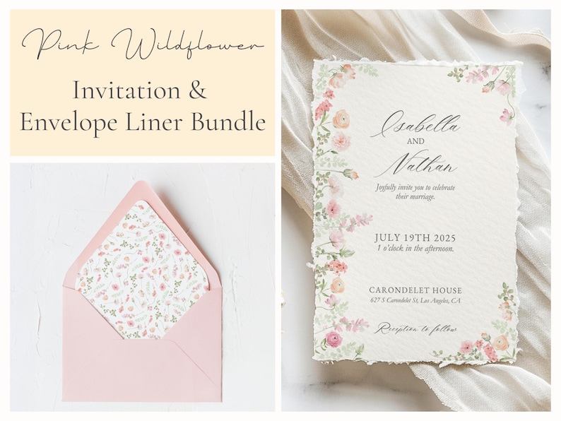 Pink Peony Wedding Invitation & Envelope Bundle, Customizable Digital ...