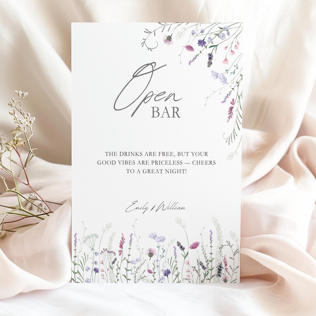 Floral Wedding Open Bar Sign Template, Wildflower Open Bar Menu, Pastel ...