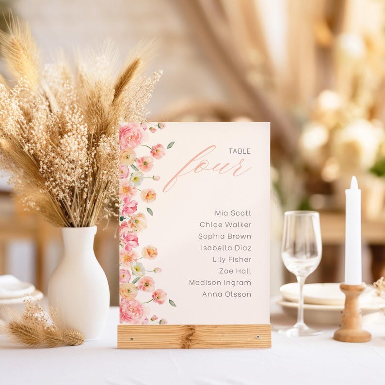 Wildflower Table Numbers & Seating Chart Cards, Pastel Floral Signs ...