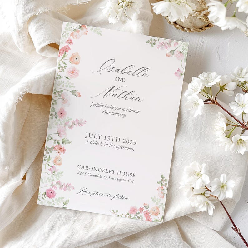 Pink Peony Wedding Invitation & Envelope Bundle, Customizable Digital ...