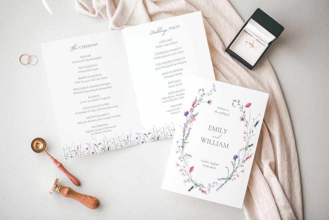 Floral Wedding Program, Folded Wedding Day Program, Foldable Wedding ...