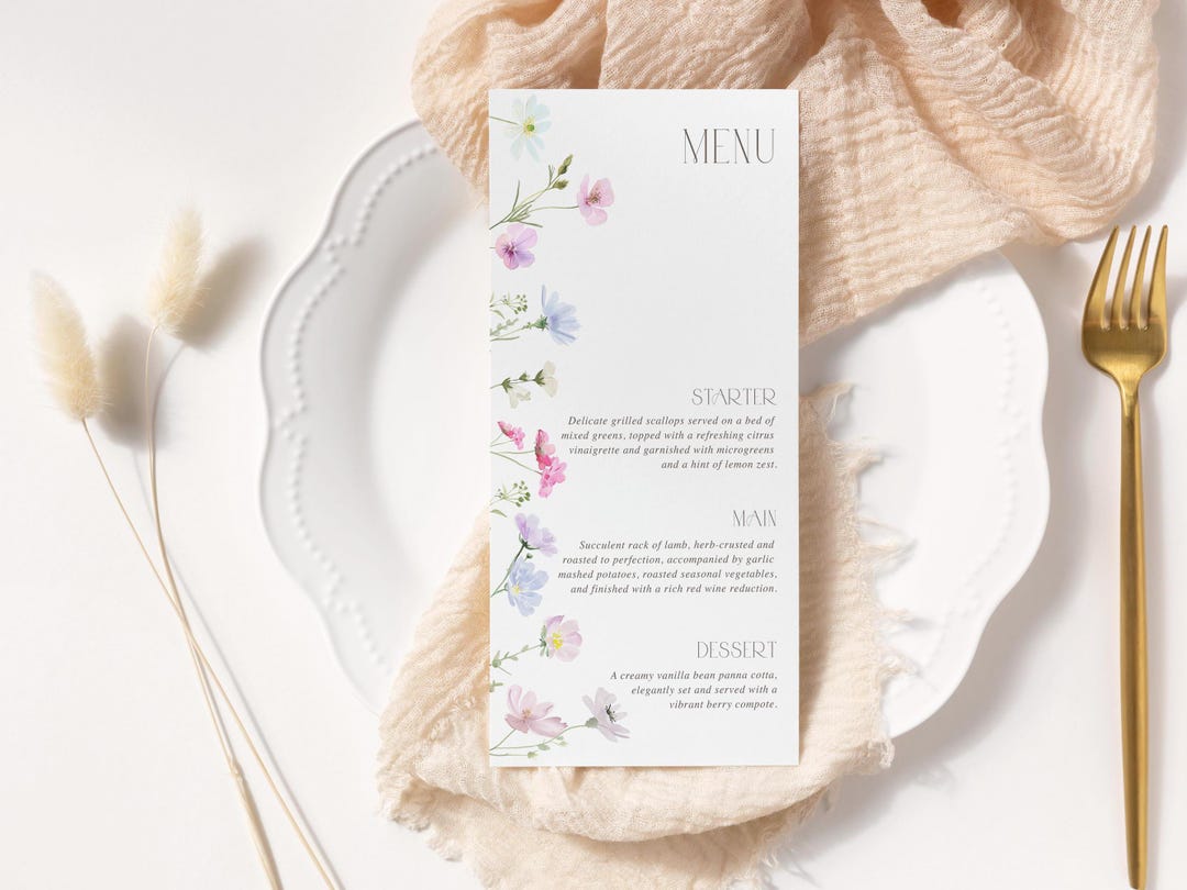 Wildflower Wedding Menu, Floral Wedding Menu Template, Customizable ...