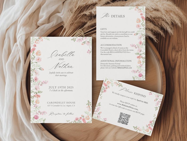 Pink Peony Wedding Invitation & Envelope Bundle, Customizable Digital ...