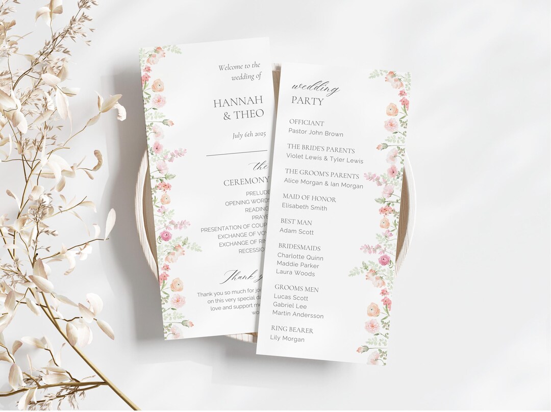 Pink Peony Wedding Programs Template, Double Sided Wedding Day Timeline, Floral Ceremony Program ...