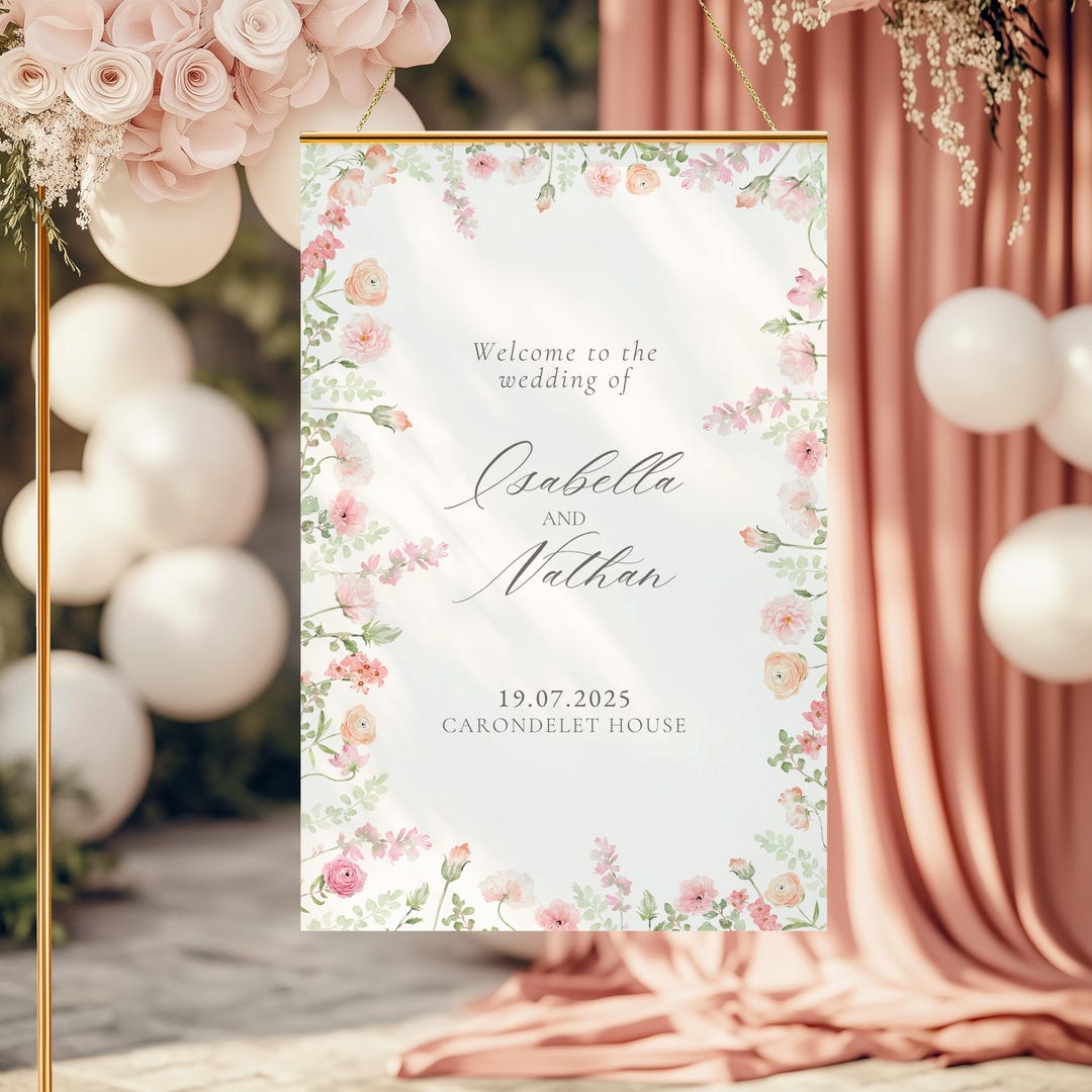 Pink Peony Wedding Welcome Sign, Customizable Digital Template, Pastel ...