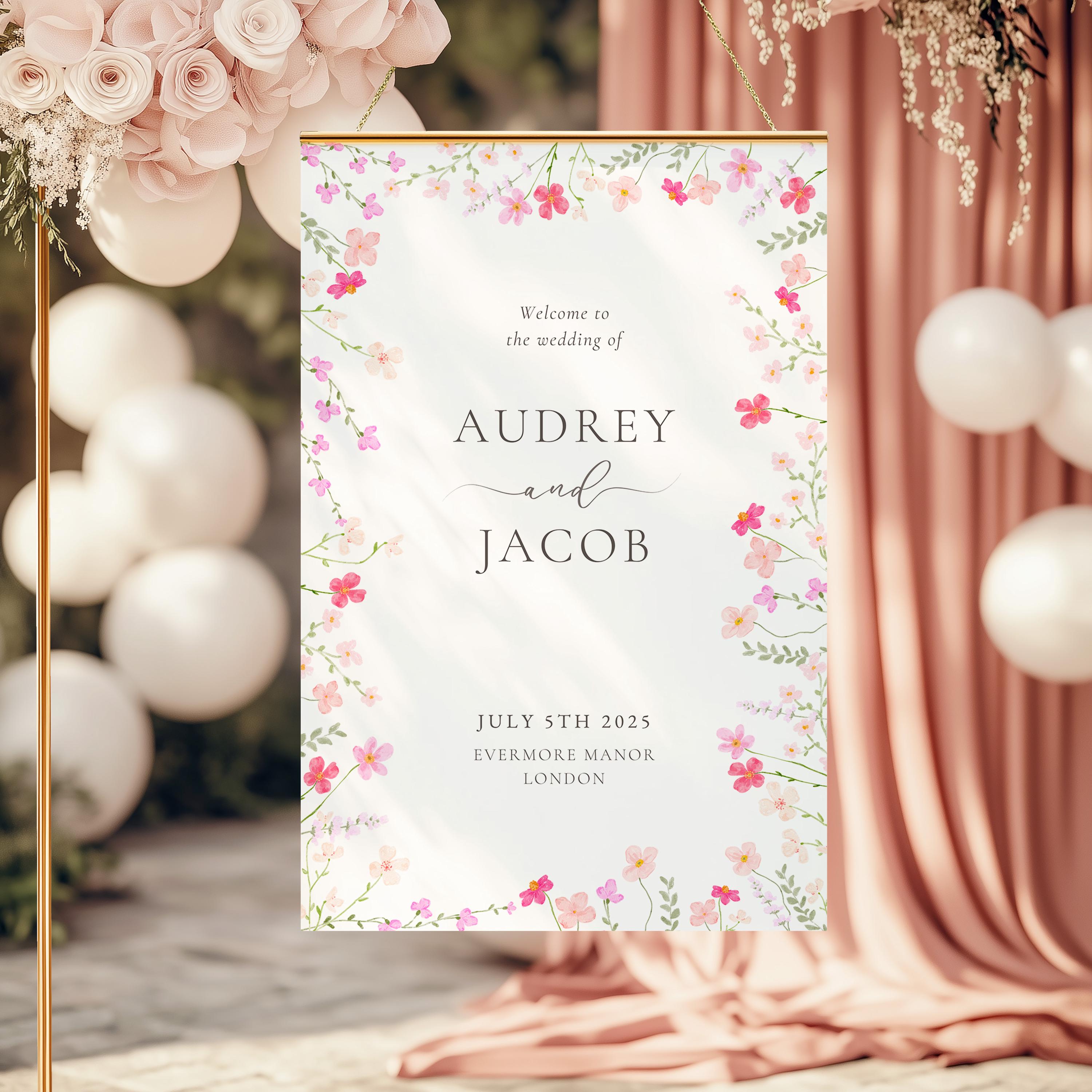 Bright Pink Wedding Welcome Sign, Customizable Digital Template, Pastel ...