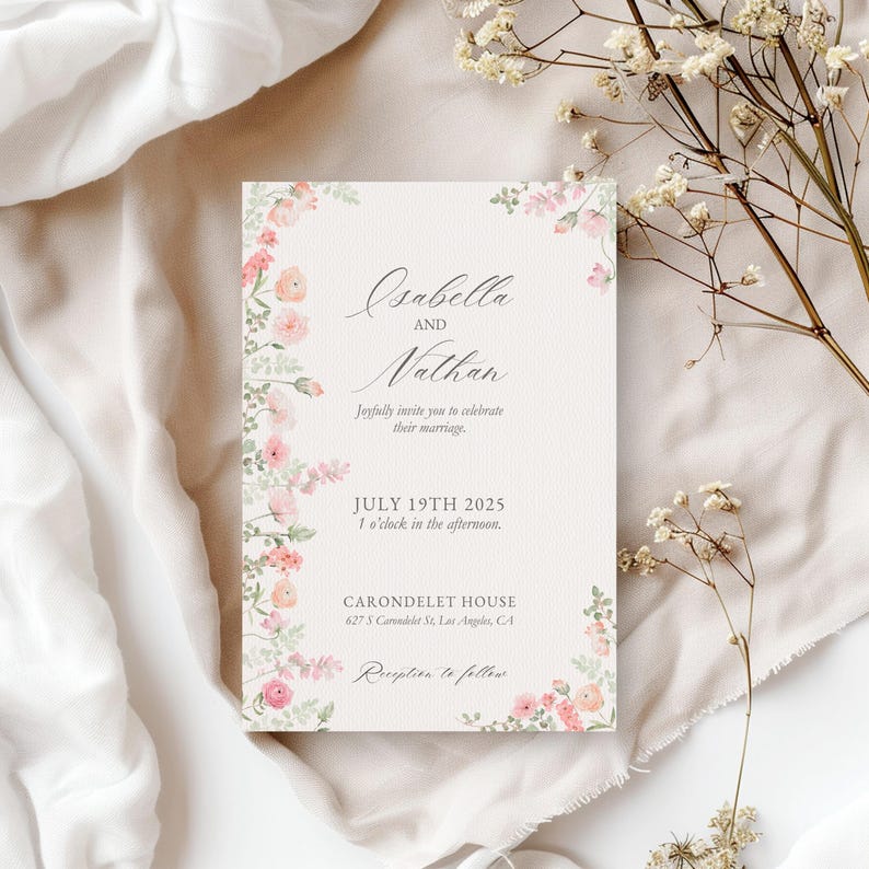 Pink Peony Wedding Invitation, Customizable Digital Templates, Pastel ...