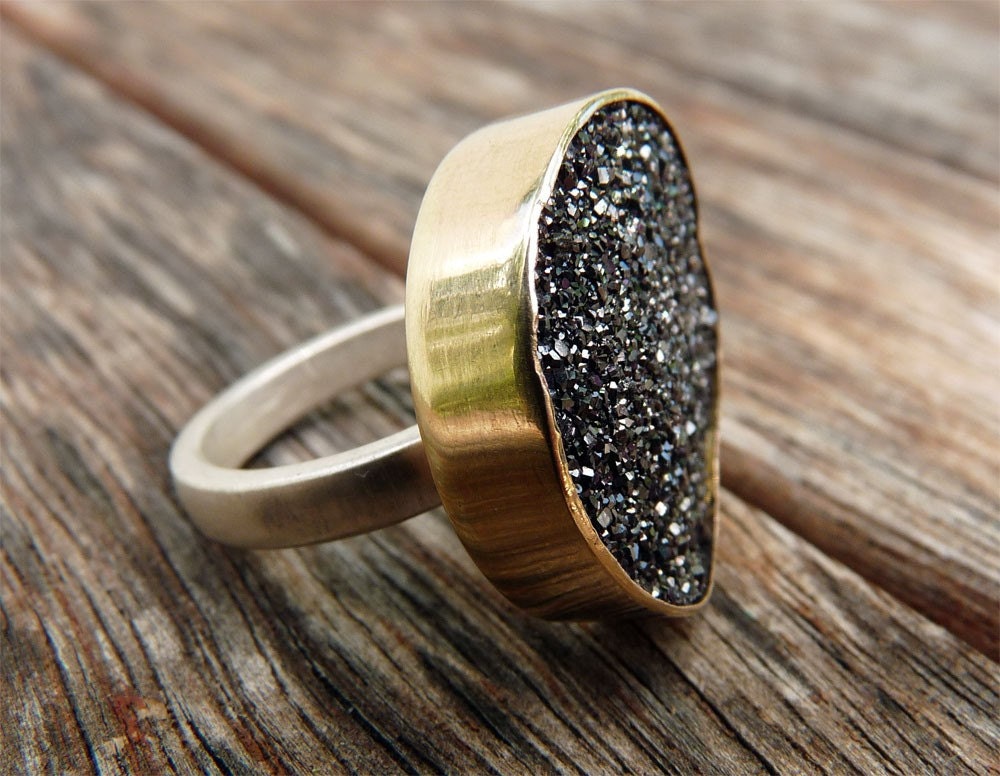 Limited Edition Black Druzy Ring - 14kt Gold and Sterling Silver - Etsy