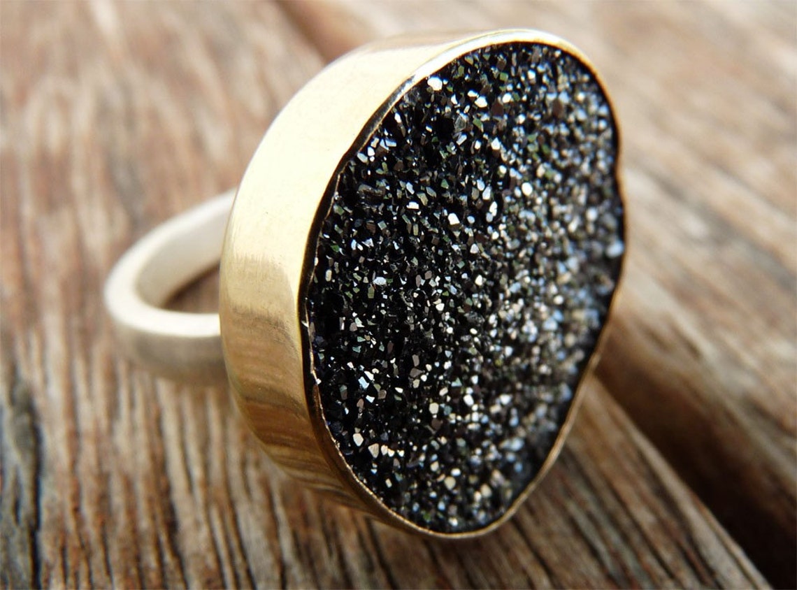Limited Edition Black Druzy Ring - 14kt Gold and Sterling Silver - Etsy