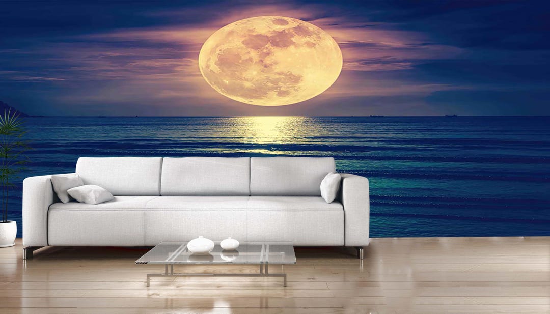 Full Moon Wallpaper, Moon Mural Decor, Full Moon Light Night Sea ...