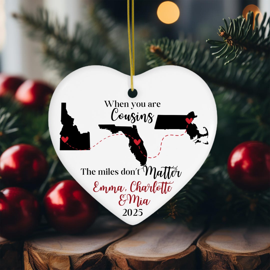 Personalized Long Distance Heart Cousin Ornament: Custom State Map ...